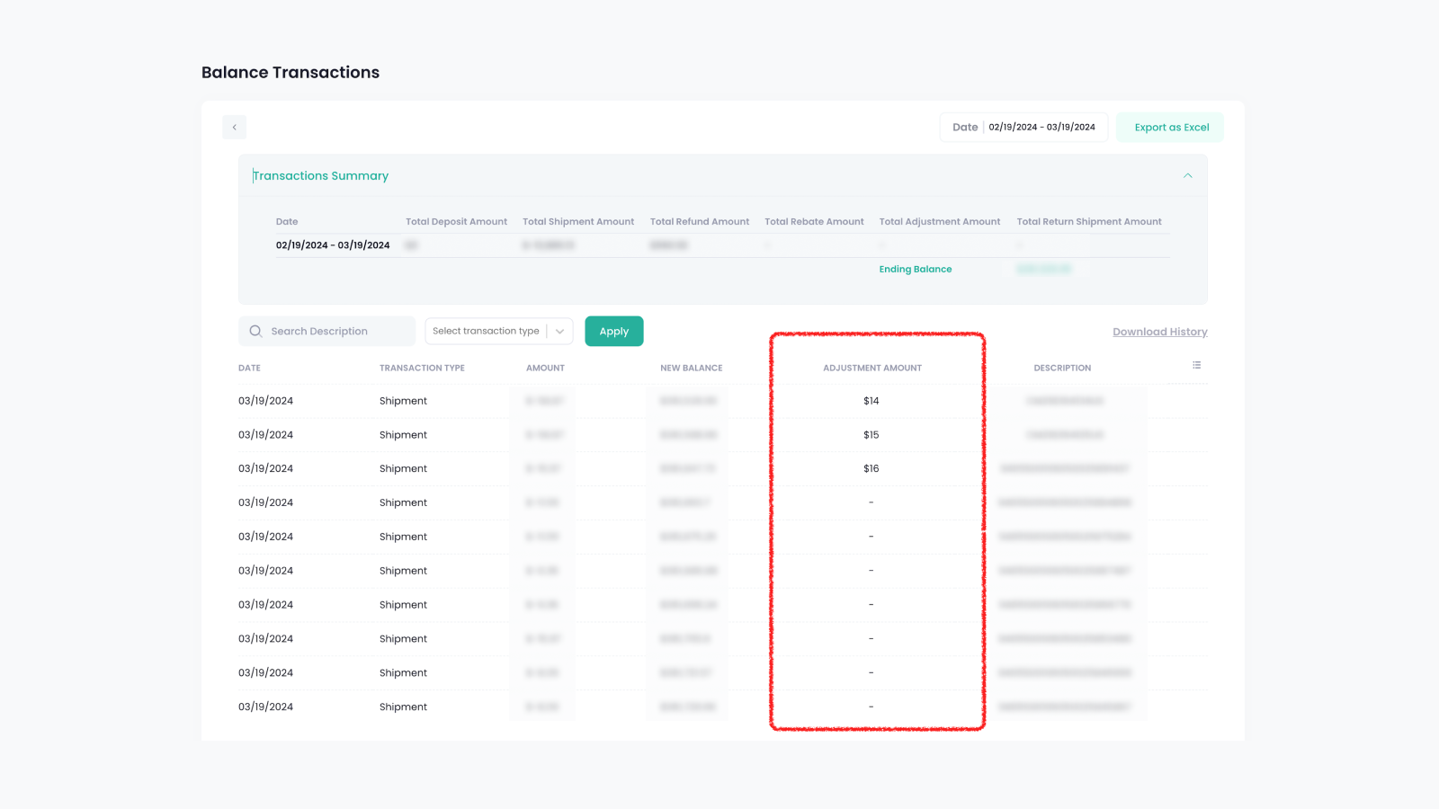 Adjustment Info in Balance Transaction Report in ShipBae - Gori.AI